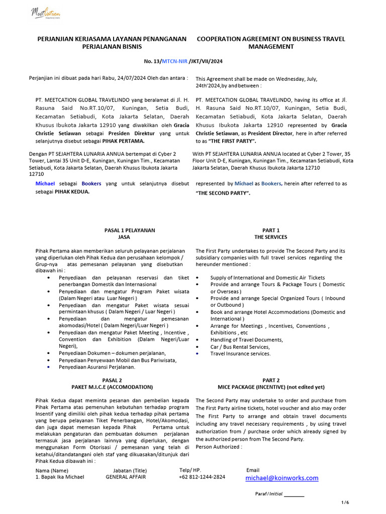 Draft Kontrak Kerjasama PT Sejahtera Lunaria Annua 13 - Mtcn-Nir - JKT - Vii - 2024 | PDF