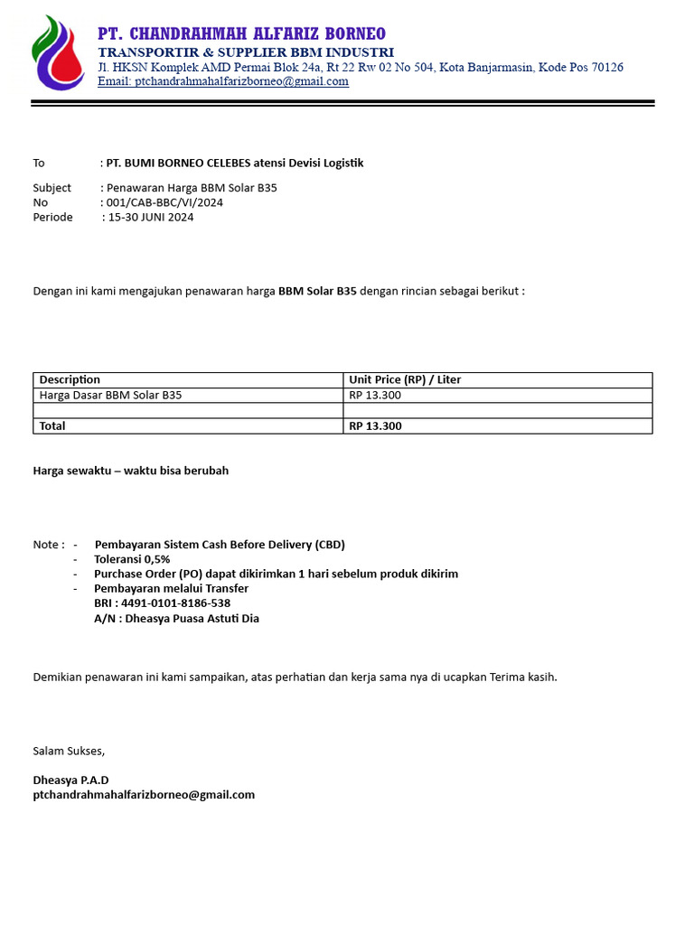 Penawaran Harga Solar B35 untuk Bumi Borneo | PDF