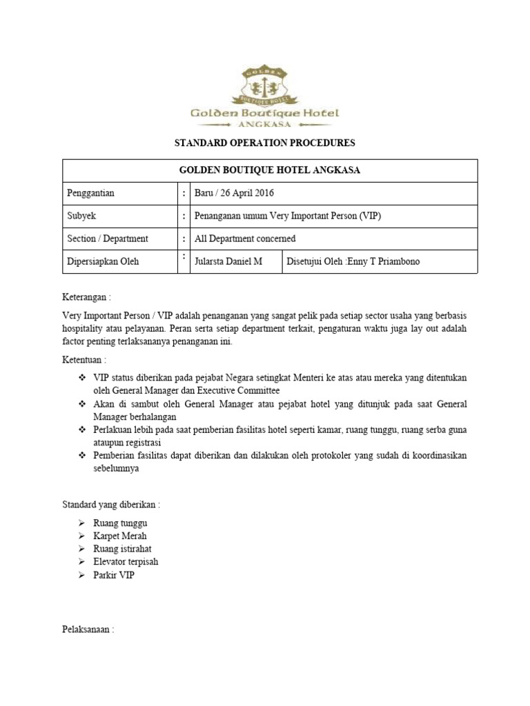 Prosedur Penanganan Tamu VIP Hotel | PDF