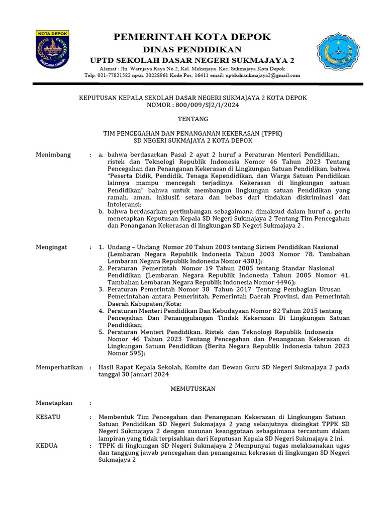 Format SK TPPK Satuan Pendidikan SDN Sukmajaya 2 | PDF | Kesehatan Holistik