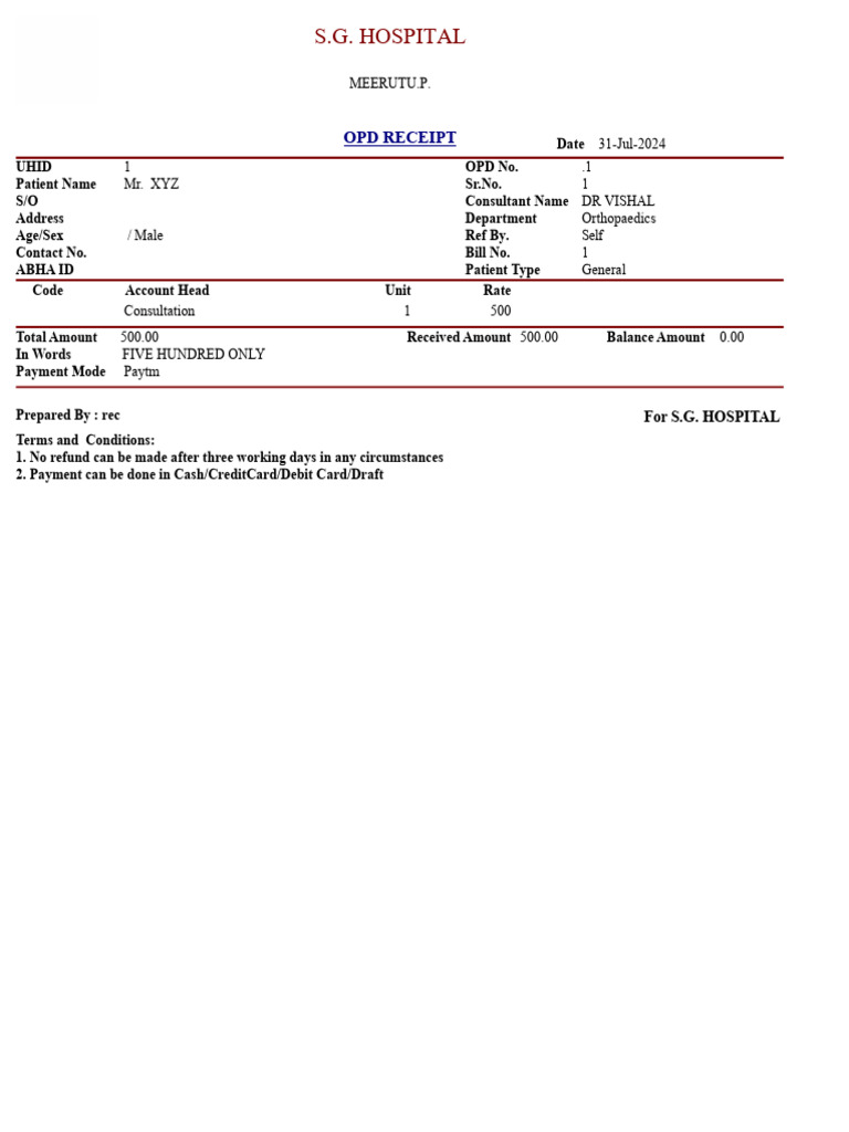 OPD Receipt for Orthopaedic Consultation | PDF
