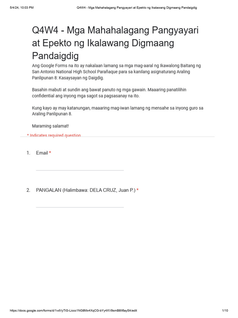 Q4W4 Mga Mahahalagang Pangyayari at Epekto NG Ikalawang Digmaang Pandaigdig Google Forms | PDF