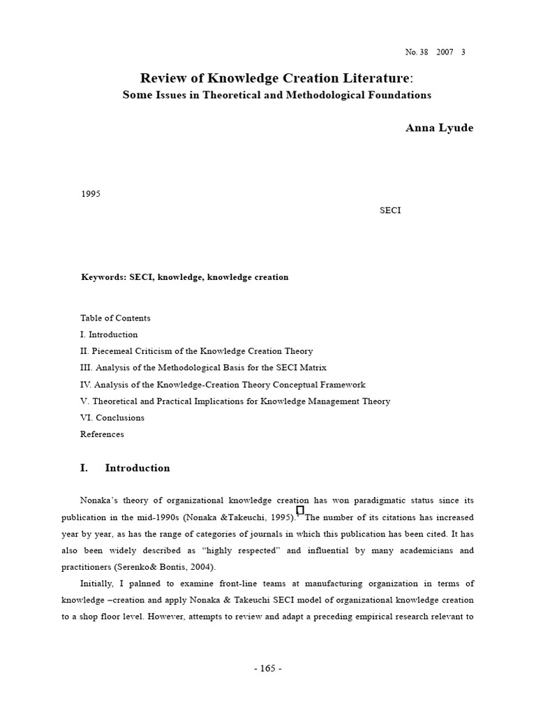 Review of Knowledge Creation Literature:: Some Anna Lyude | PDF | Tacit ...