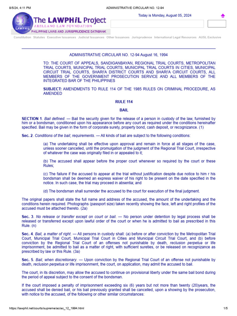 Administrative Circular No. 12-94 | PDF | Bail | Public Law