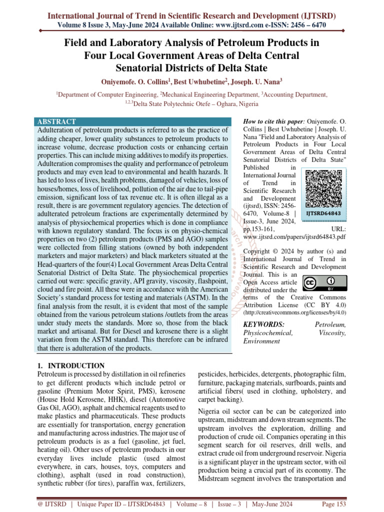 Field and Laboratory Analysis of Petroleum Products in Four Local Government Areas of Delta ...