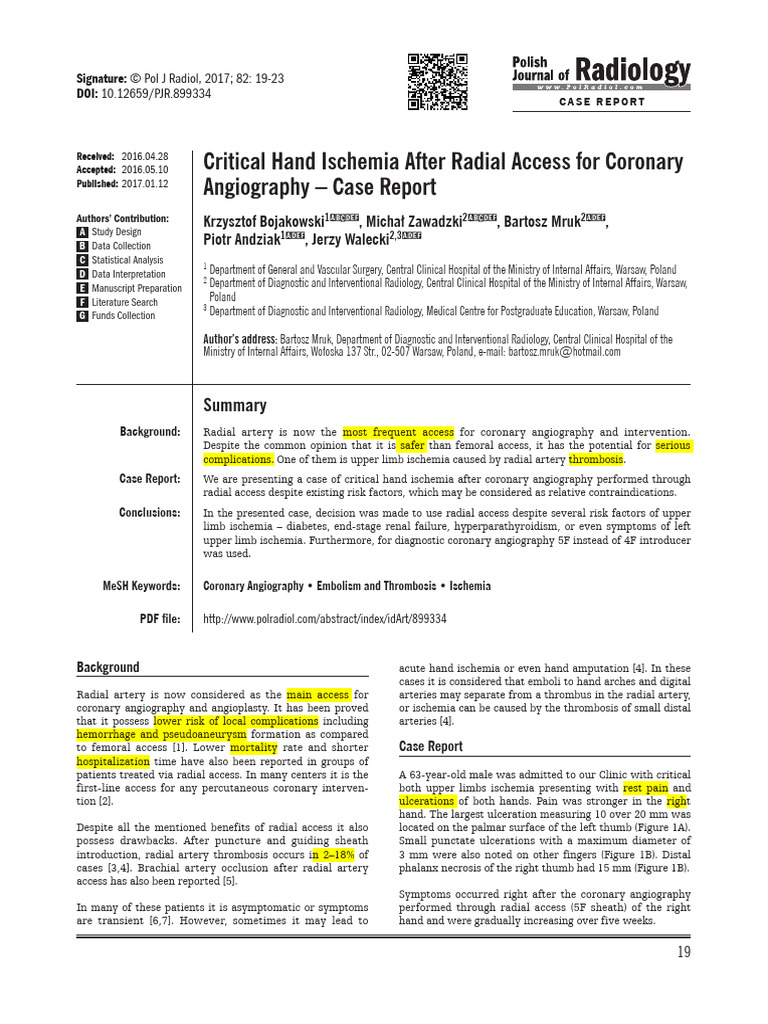 Critical Hand Ischemia After Radial Access For Coronary Angiography ...
