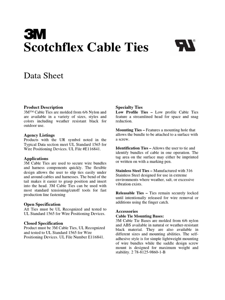 Cable Ties Datasheet | PDF | Manufactured Goods