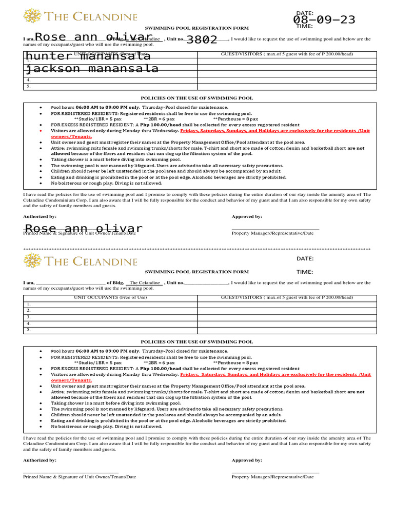 Swimming Pool Registration Form | PDF | Swimming Pool