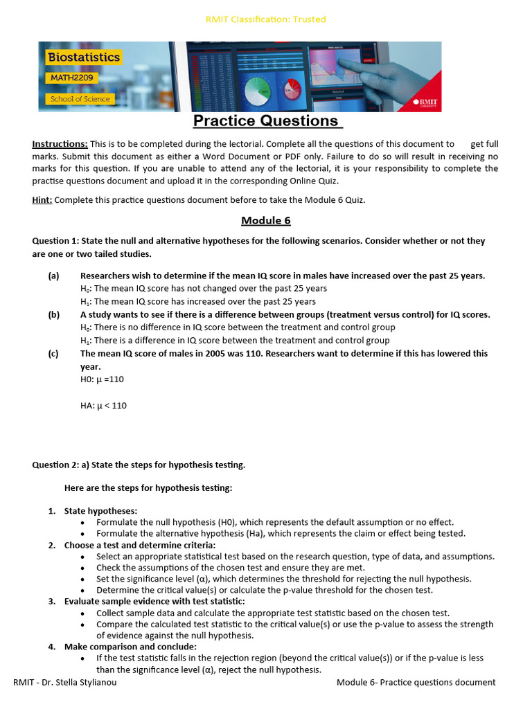 Practice Questions Module 6 1 Biostatistics Pdf Type I And Type Ii Errors Statistical