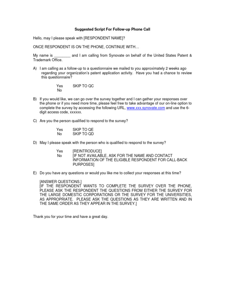 Follow-Up Call Script for Patent Survey | PDF