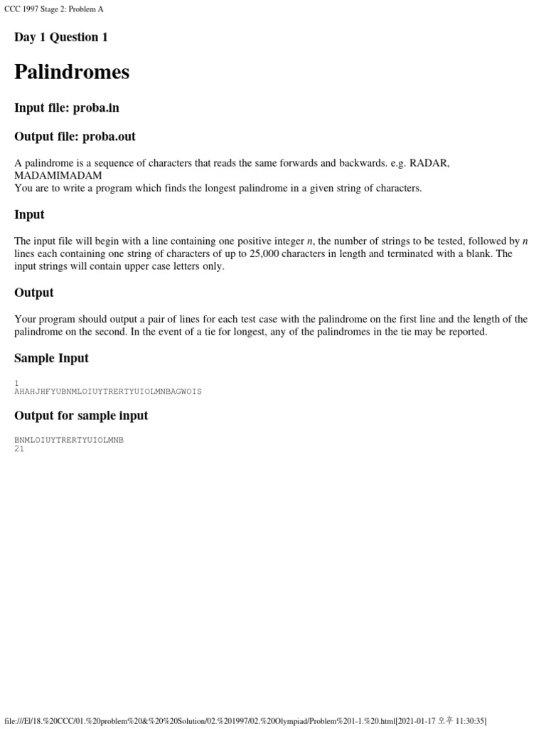 Problem 1-1. Palindromes | PDF | Technology & Engineering
