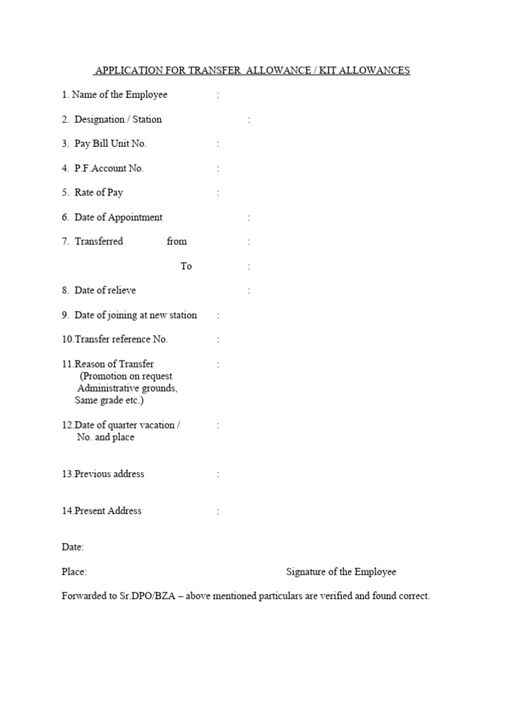 Application For Transfer Allowance (New Typed) | PDF