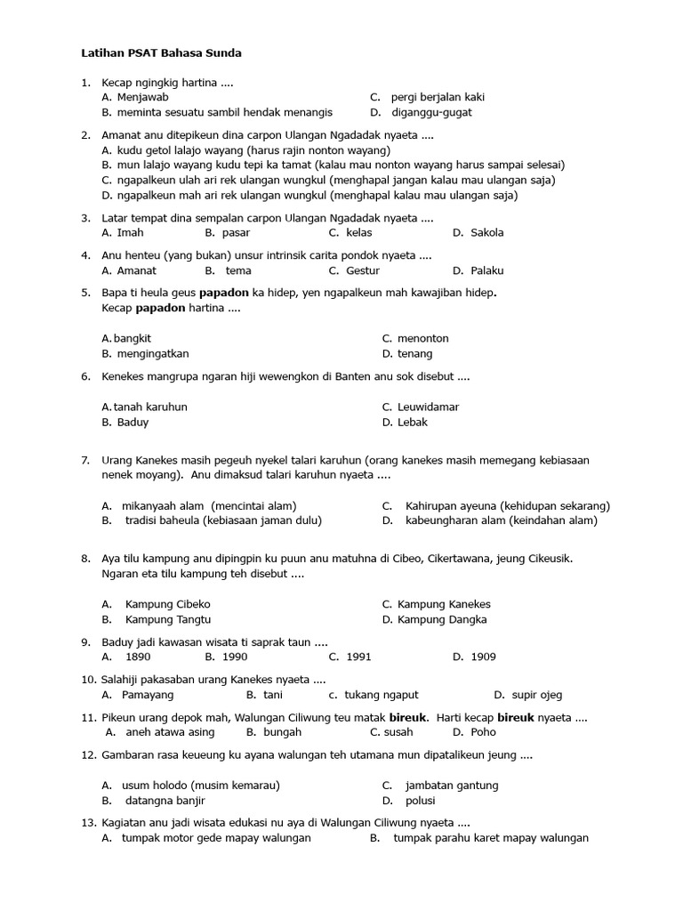 Latihan Soal PSAT Bahasa Sunda | PDF | Seni & Disiplin Bahasa