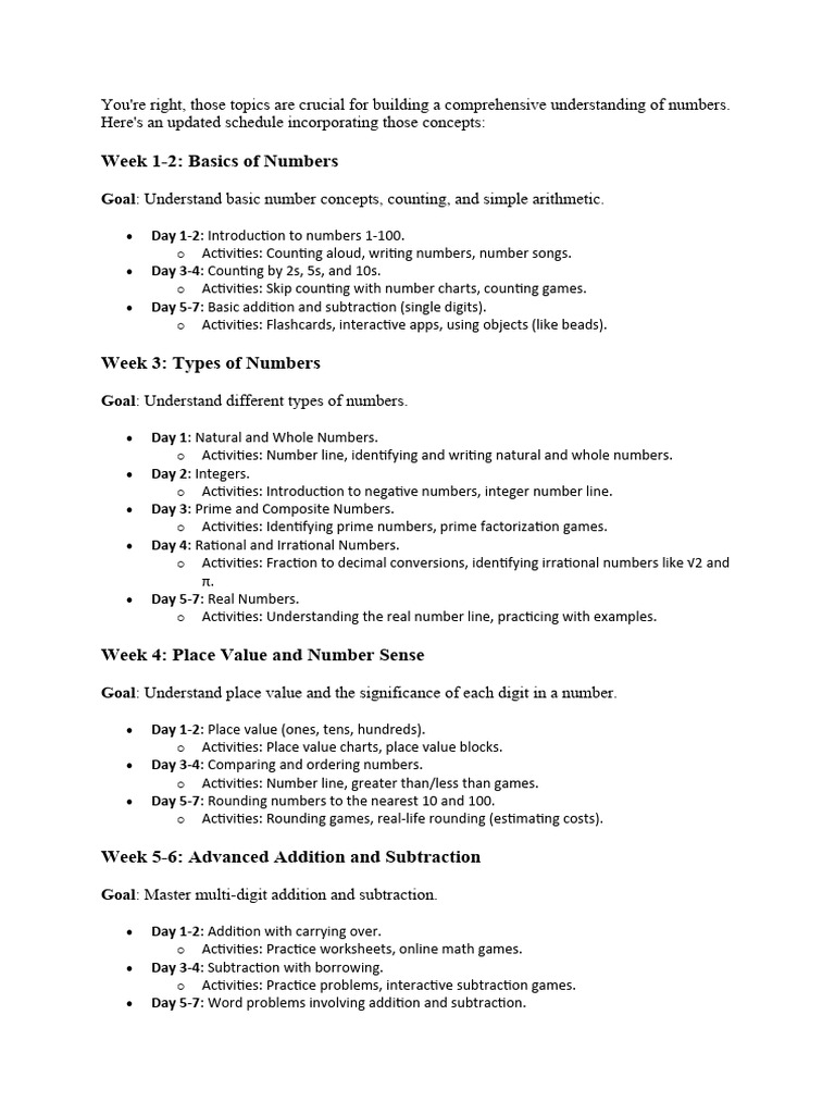 Week 1-2: Basics of Numbers: Goal: Understand Basic Number Concepts ...
