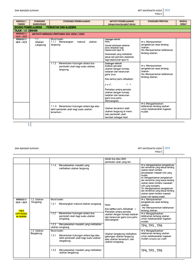 RPT Matematik t5 2024-2025 | PDF