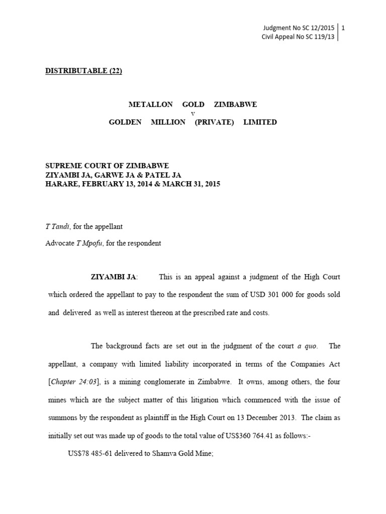 SC 12-15 - METALLON GOLD ZIMBABWE V GOLDEN MILLION (PVT) LIMITED | PDF ...