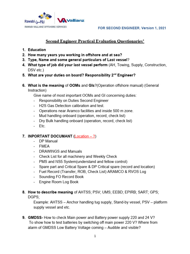 Second Engineer Evaluation Guidelines | PDF | Electric Generator ...