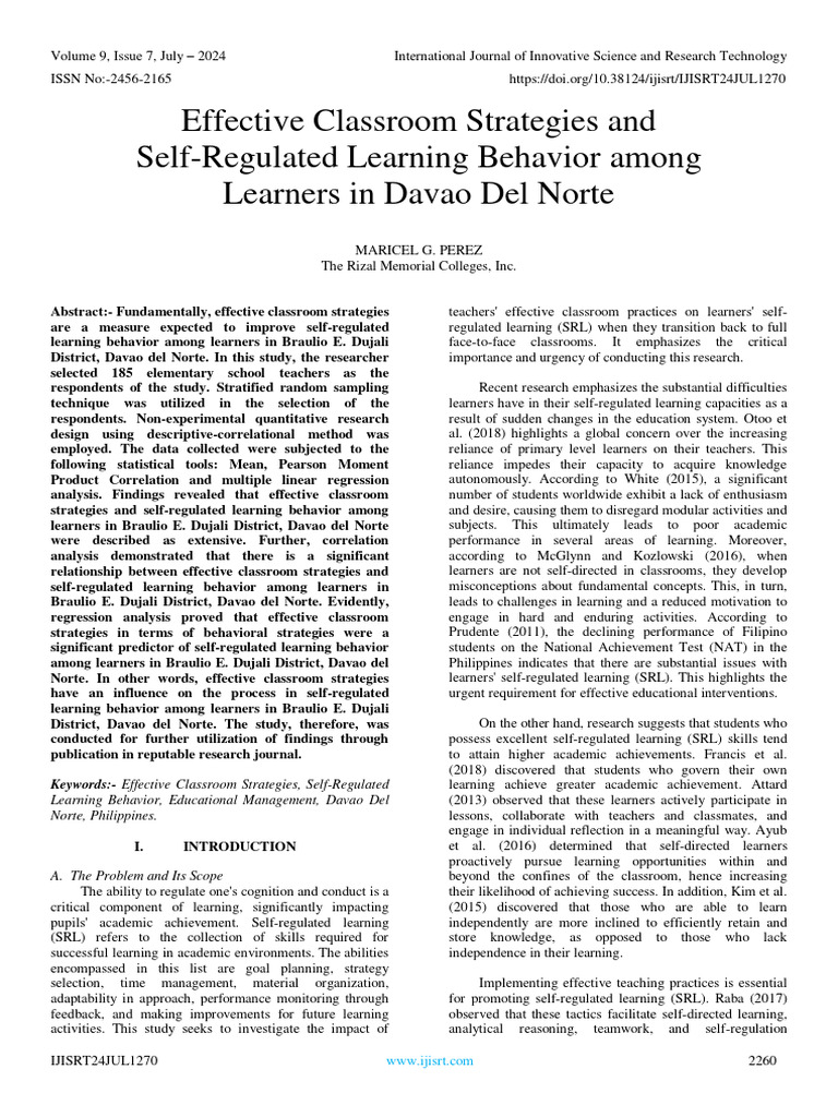 Effective Classroom Strategies and Self-Regulated Learning Behavior Among Learners in Davao Del ...