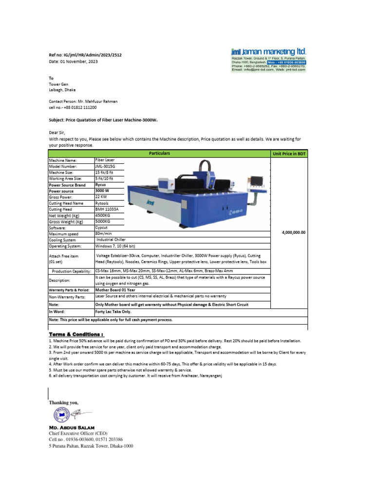 Price Quotation of Fiber Laser-3000W | PDF | Electrical Engineering | Electricity
