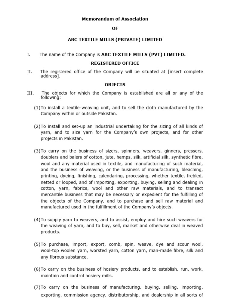 Sample Memorandum of Association - 240808 - 123911 | PDF | Textiles | Yarn