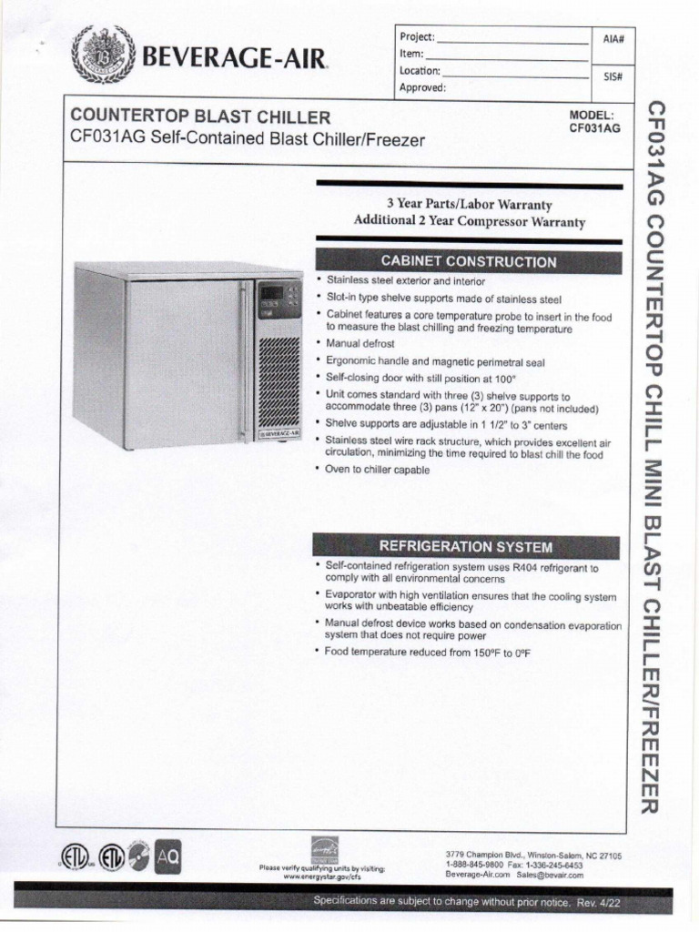 Blast Chiller Specs | PDF