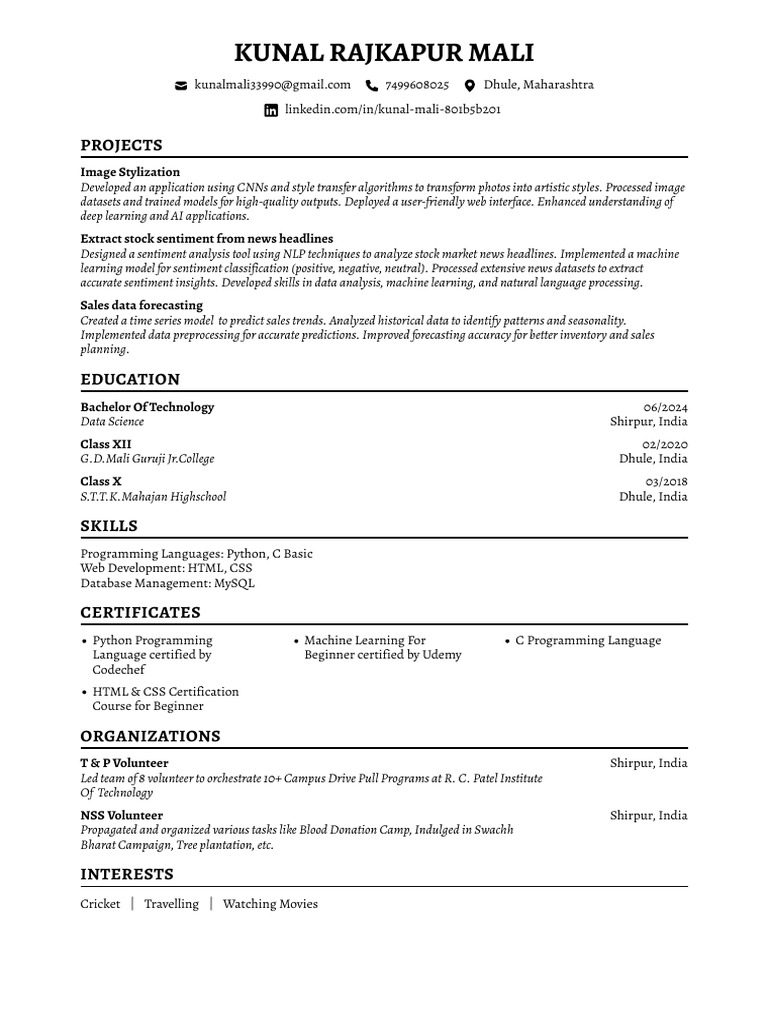 Kunal Mali Resume - Kunal Mali | PDF | Machine Learning | Data Science