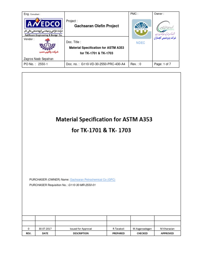 G110-VD-30-2550-PRC-430-A4-0 Material Specification For ASTM A353 For ...