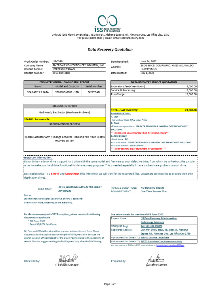 Data Recovery Quotation Riverdale Confectionery Industry, Inc. Iss-0398 ...