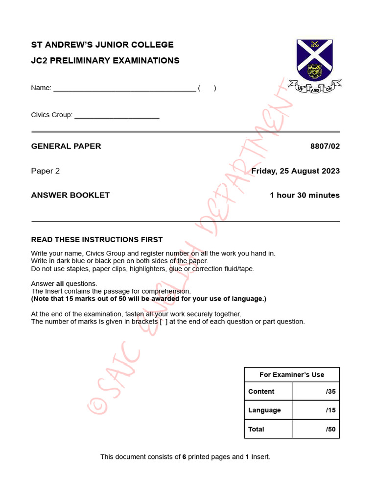 SAJC GP 2023 Prelims P2 Answer Booklet | PDF | Human Communication