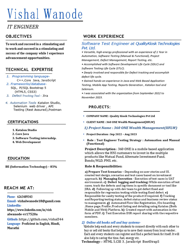 Vishal-Wanode (Resume1) - Vishal Wanode | PDF | Selenium (Software) | Software