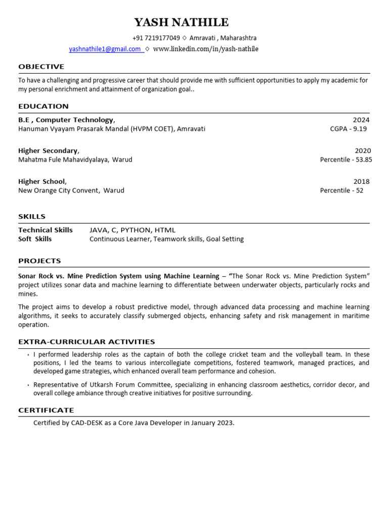 YASH CV - Yash Nathile | PDF