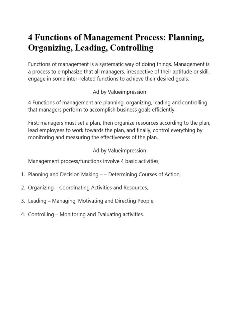 4 Functions of Management Process | PDF | Leadership | Planning