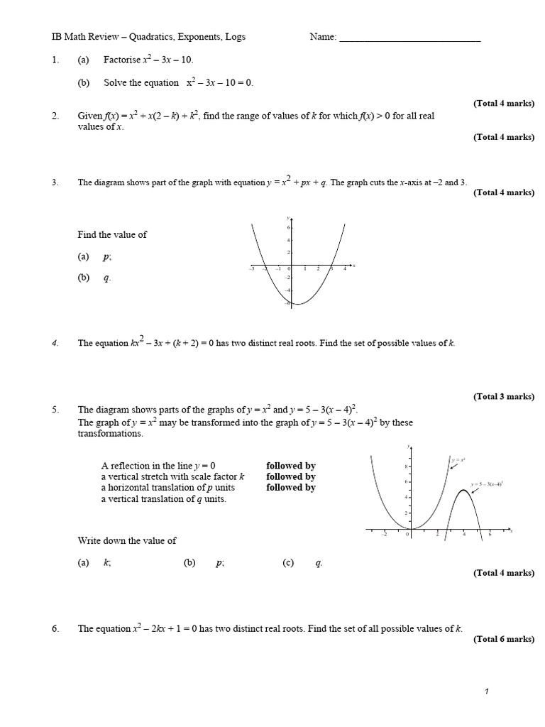 Review - Quadratics, Exponents, Logs | PDF | Quadratic Equation ...