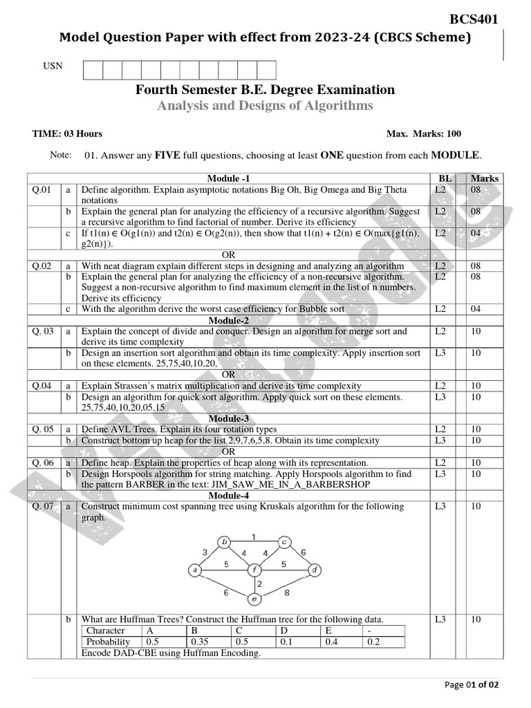 Analysis and Designs of Algorithms: BCS401 Model Question Paper With ... Analysis and Designs of Algorithms: BCS401 Model Question Paper With ...