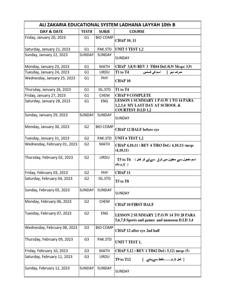 10th B Date Sheet | PDF