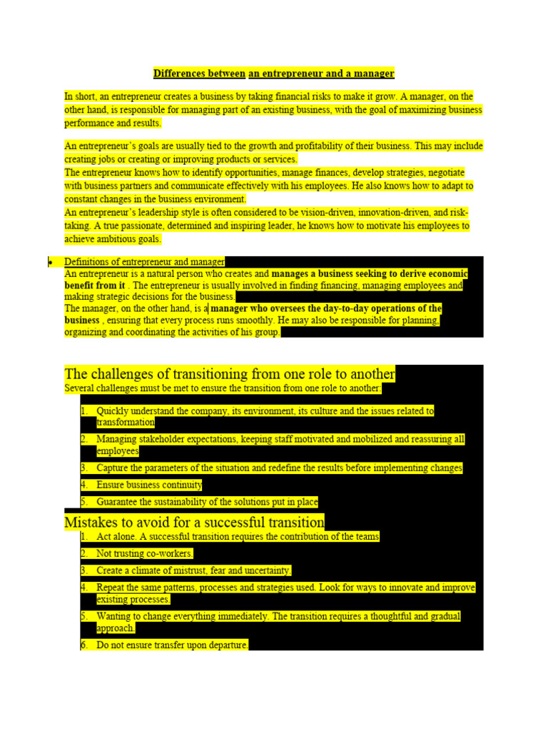 Entrepreneur vs. Manager: Key Differences | PDF | Entrepreneurship ...