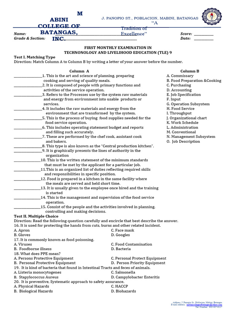 TLE 9 Monthly Exam: Food Service Concepts | PDF | Foodborne Illness ...