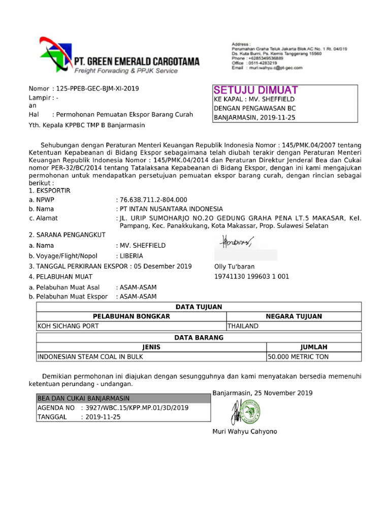 Ijin Muat Mv. Sheffield | PDF