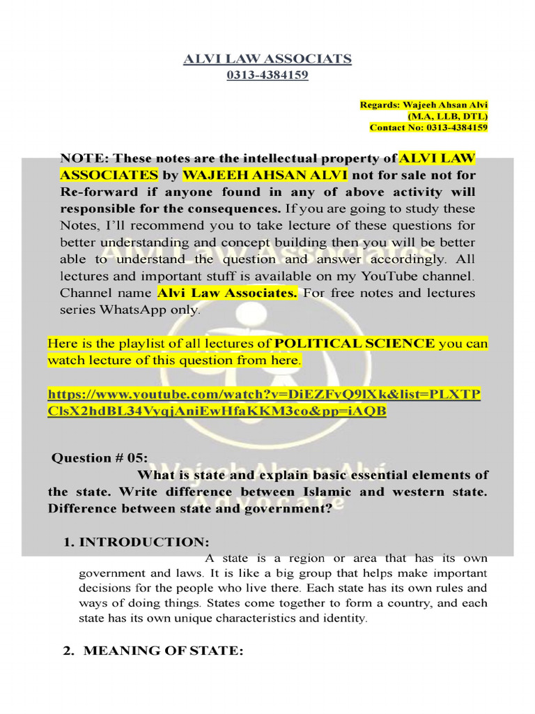 Political Science Question No 05 What Is State Explain Essential ...