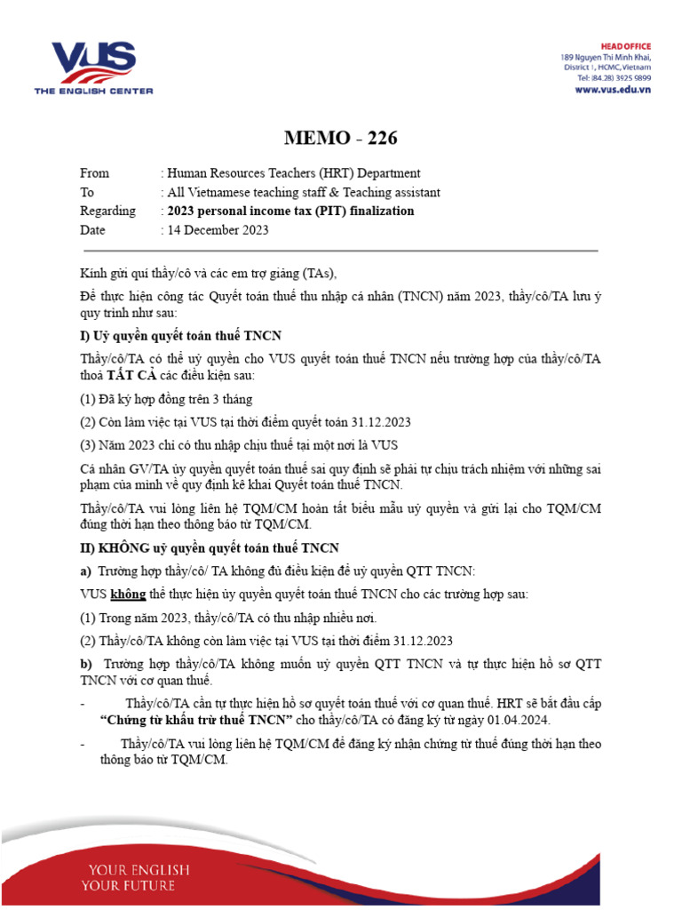 Memo 226 - 2023 Personal Income Tax (PIT) Finalization | PDF