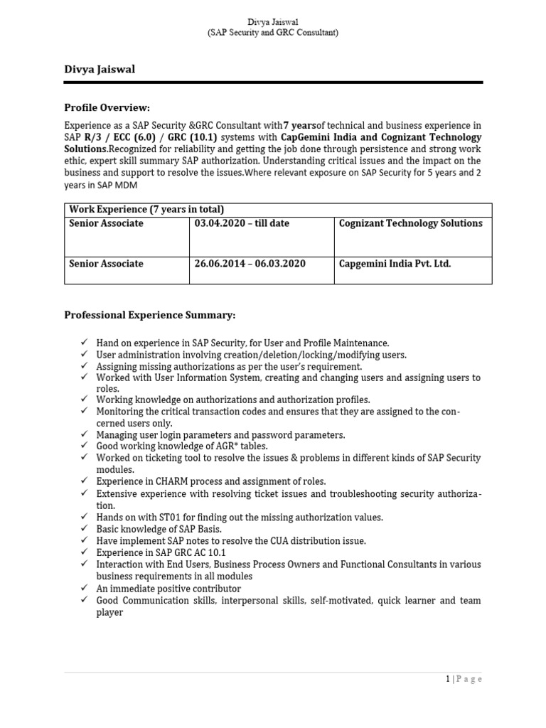 Divya Jaiswal SAP Security GRC Consultant | PDF | Computing