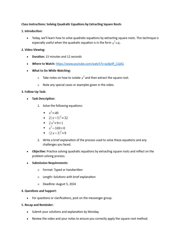 Asynchronous Task Week 1 Solving Q.E. by Extracting Square Roots | PDF | Teaching Methods ...