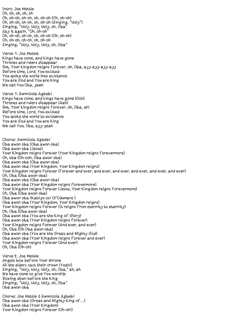 Oba Awon Oba Lyrics | PDF | Theology | Religious Belief And Doctrine