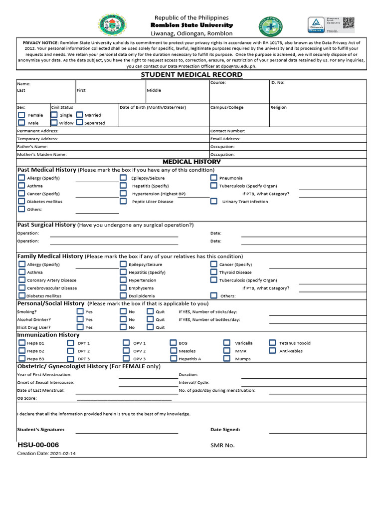 Student Medical Record Form | PDF | Menstruation | Epidemiology