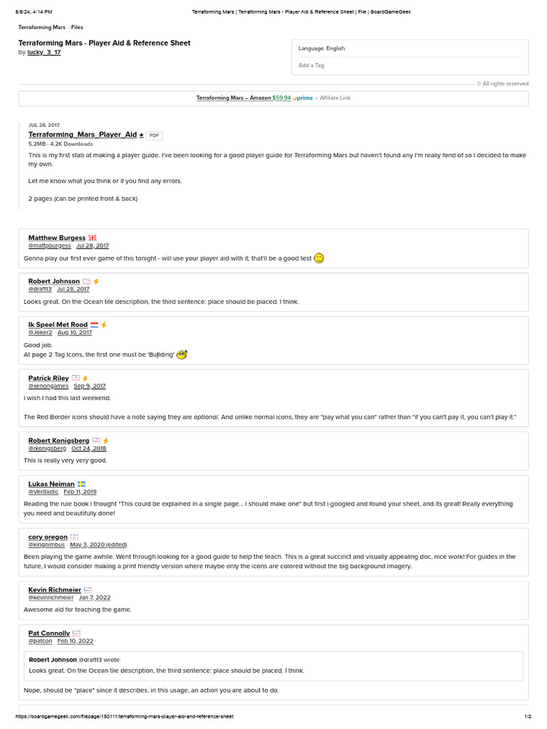 Terraforming Mars - Terraforming Mars - Player Aid & Reference Sheet ...