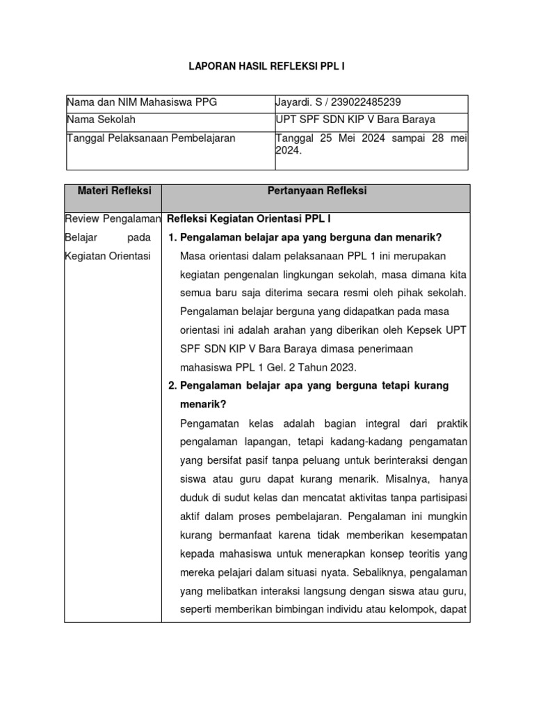 TOPIK 5 Laporan Hasil Refleksi PPL 1 | PDF