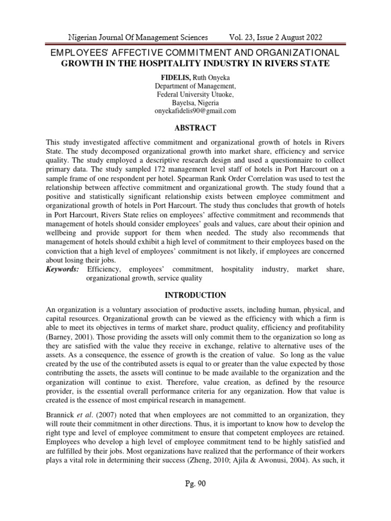 Employees Affective Commitment And Organizational Growth In The Hospitality Industry In Rivers