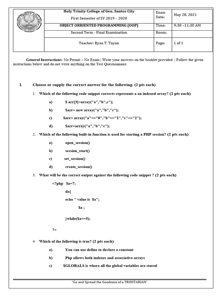 Final Exam | PDF | Php | Object Oriented Programming