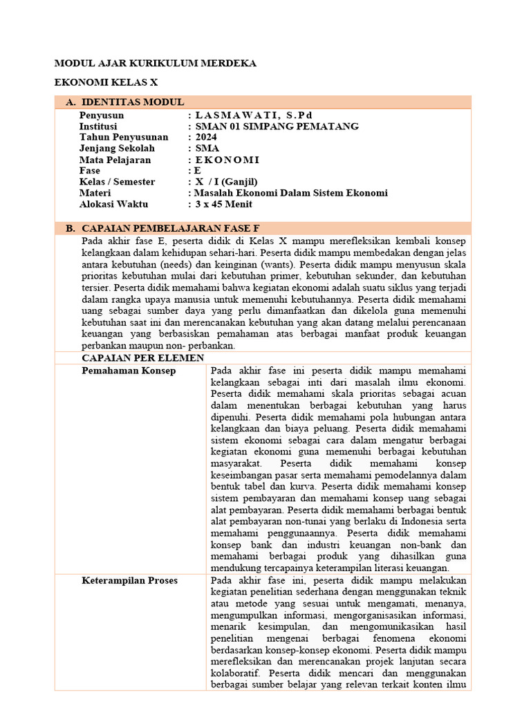 Modul Ajar Ekonomi Kelas X | PDF