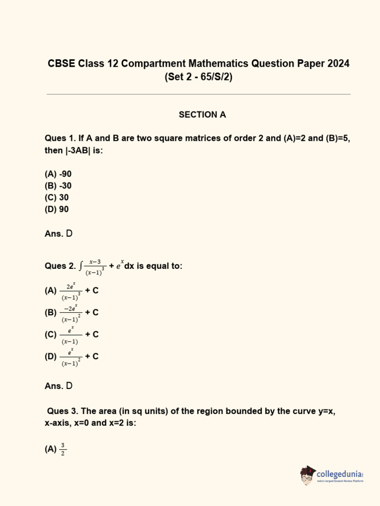 Class 12 Maths Compartment Paper 2024 | PDF